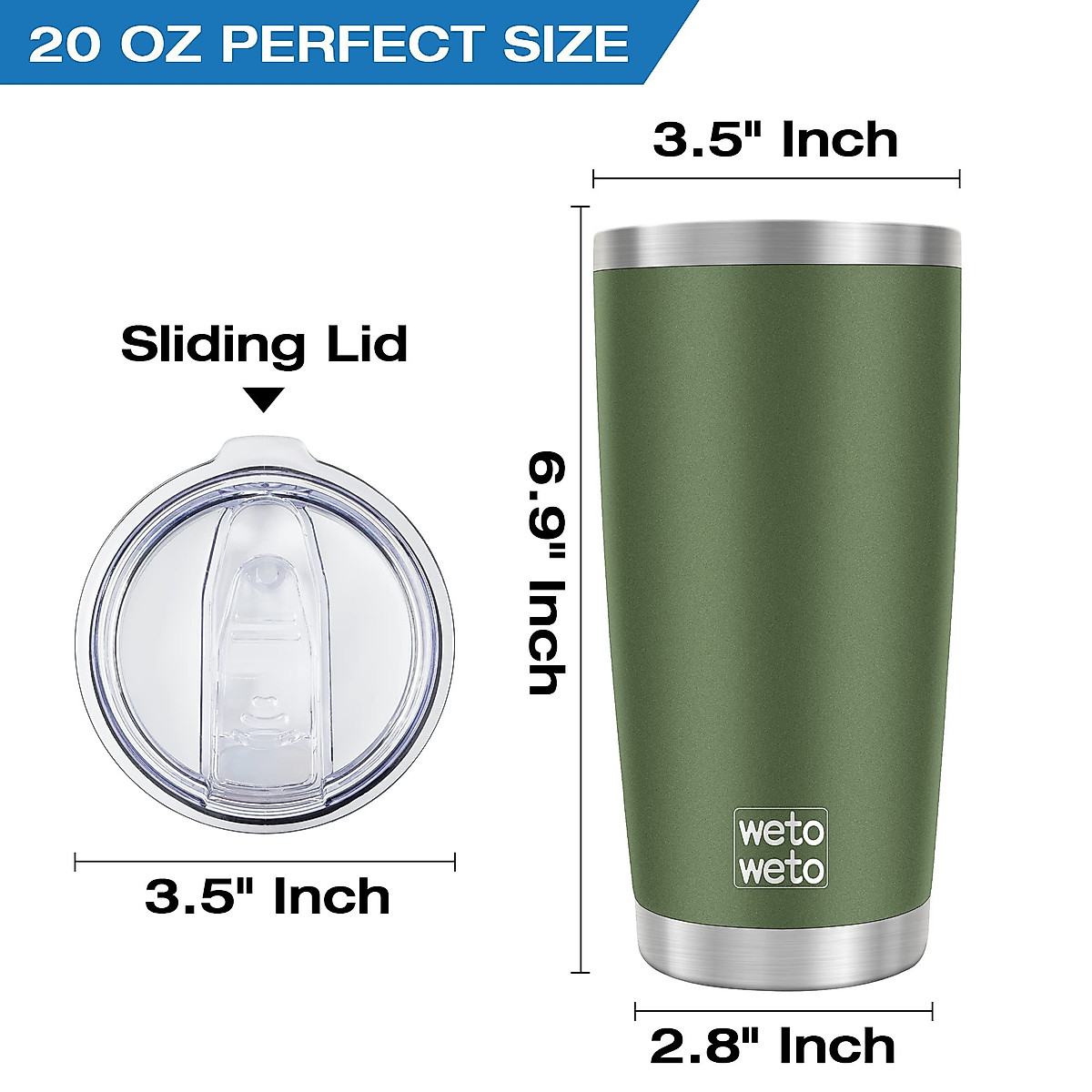 WETOWETO 20oz Insulated Stainless Steel Tumbler, Coffee Tumbler, Double Wall Vacuum Travel Coffee Mug, Powder Coated Leak-Proof Tumbler Cup for Home Office Travel (Army Green,1 Pack)