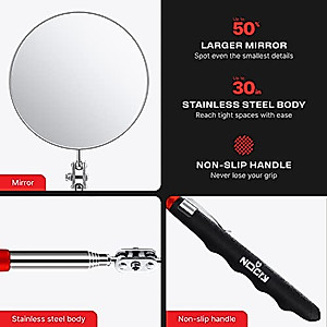 NoCry Heavy Duty Telescoping Inspection Mirror — 3.23 Inch Round Mirror on a Stick; 2-IN-1 Storage Pouch; Extendable Mirror up to 30in; Non-Slip Handle; 360° Inspection Mirror Telescoping Swivel Head
