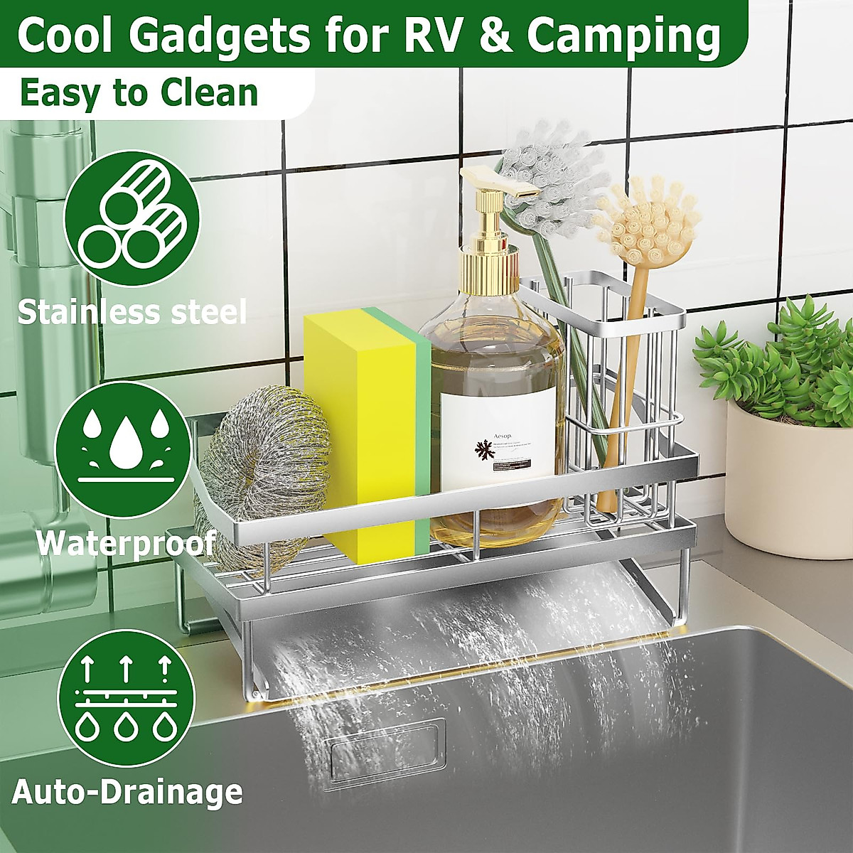 Youfala Kitchen Sink Caddy Sponge Holder for Kitchen Sink, Kitchen Sink Organzier and Storage with High Brush Holder, Rustproof 304 Stainless Kitchen Gadgets Dish Sponge Organizer (Lacquer Silver)