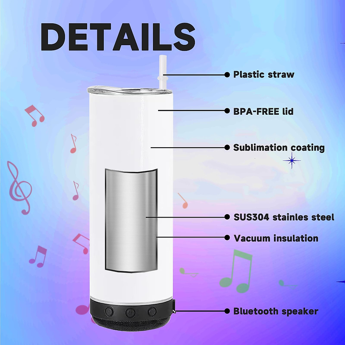 HIZEE 12pack 20oz cups Bluetooth Sublimation Tumbler with Straw and Lid, Double-Wall Stainless Steel Vacuum Insulation Sublimation Tumbler Blank, RemovableRechargeable Bluetooth Wireless Speaker Black