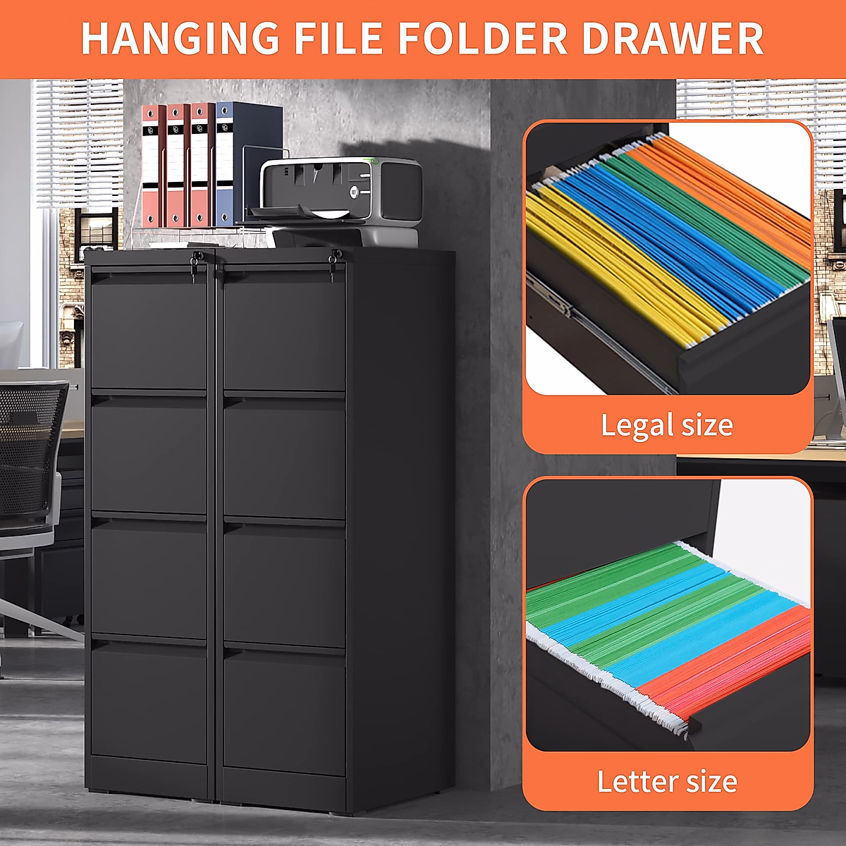 IKIMI 4 Drawer File Cabinet,Metal Filing Cabinets with Lock,Black Vertical File Cabinet for Home Office,Heavy Duty Metal Storage Cabinet for A4/Letter/Legal Size File,Assembly Required