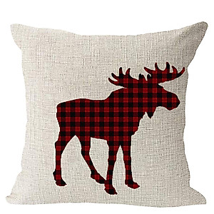 Animal Moose Red and Black Chess Plaid Scottish Buffalo Cotton Linen Square Throw Waist Pillow Case Decorative Cushion Cover Pillowcase Sofa 18"x 18"