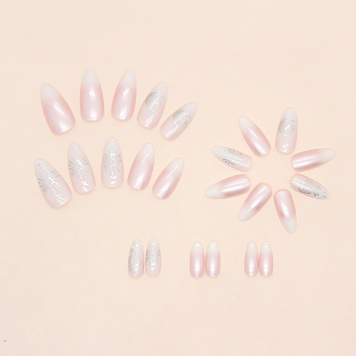 24Pcs Almond Press on Nails Medium Ombre Pink Fake Nails Gold Star Moon Nail Glossy Designs Nail Art Supplies Full Cover Artificial Nail Glue on Nails French False Nails for Women Girls Acrylic Nail