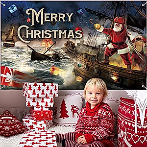 Christmas Pirate Santa Backdrop Santa Claus Background Merry Christmas Photography Backdrop Xmas Pirate Ship Background for Winter Holiday Home Decoration Xmas Party Photo Props, 43.3 x 72.8 Inch
