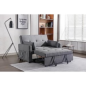 Polibi 55.1" Modern 3-in-1 Convertible Sleeper Sofa Bed w/Side Pockets, Linen Upholstered Pull Out Sofa Bed Couch with 3 Adjustable Angle Backrest and Two Throw Pillows (Dark Grey)
