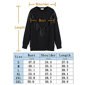 PESION Women's Novelty Oversized Sweatshirt Crewneck Long Sleeve Fringe Trim Shirt Pullover Tops Sweaters, Black, Small