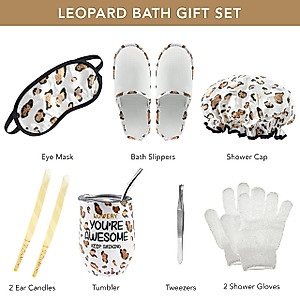 Valentines At-Home Spa Kit with Honey Almond Scent, Bath Gift Basket - Vit E-Rich Bath Essentials, Tumbler, Ear Candles, Bath Oil, Salts, Shower Steamer, Organic Lip Balm & More in Leopard Basket, 21