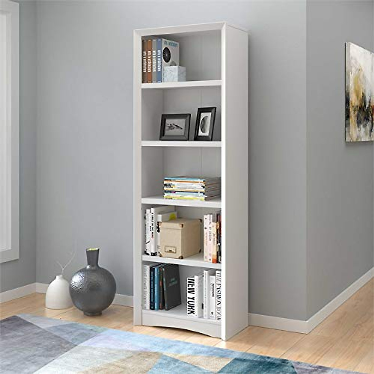 CorLiving Quadra 5 Shelf Faux Wood Grain Bookcase in White