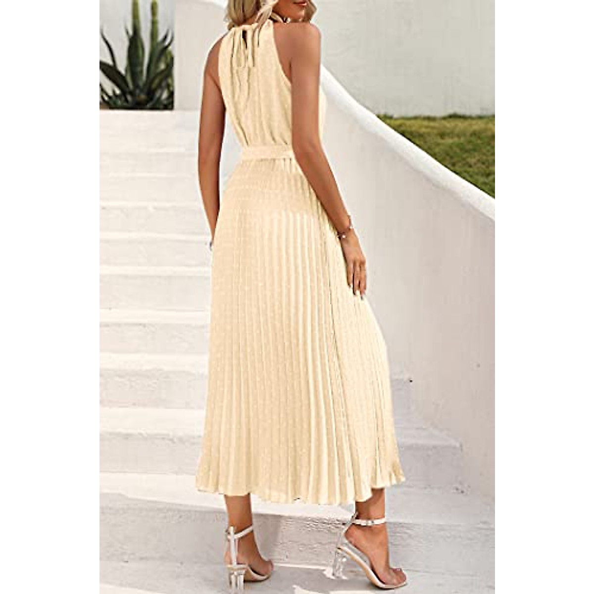 PRETTYGARDEN Women's Midi Summer Dresses Casual Halter Neck Swiss Dot Ruffle Sleeveless A Line Beach Sun Dress (Z_Apricot,Small)