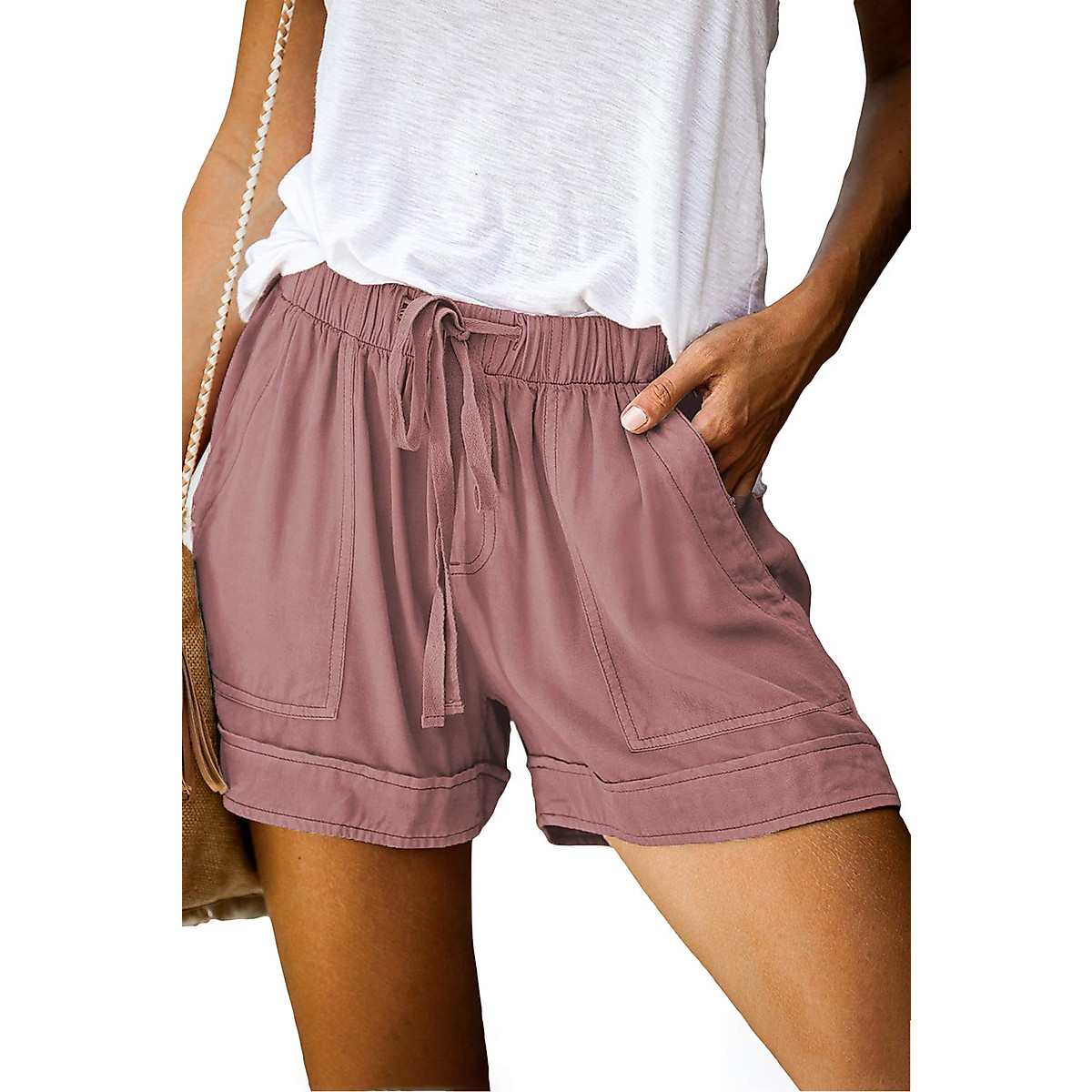 CILKOO Womens Casual Solid Drawstring Solid Elastic Waist Comfy Cotton Linen Shorts Beach Linen Shorts Pants Pockets Pink US8-10 Medium