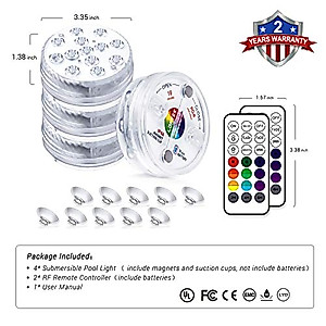 LOFTEK Submersible LED Lights with Remote RF(164ft),Full Waterproof Pool Lights for Inground Pool with Magnets, Suction Cups,3.35” Color Changing Underwater Lights for Ponds Battery Operated (4 Packs)