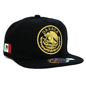 Mexican Hat Mexico State Federal Logo Embroidered Snapback Flat Bill Baseball Cap (Oaxaca- Black/Gold)