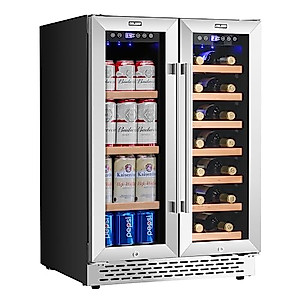 Wine Cooler Beverage Refrigerator 24 inch 18 Bottles & 57 Cans Beverage Fridge Dual Zone Wine Cooler Under Counter Lockable Freestanding with Glass Door for Drink Bar Kitchen Cabinet Commercial