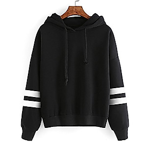 Women's Long Sleeve Striped Hoodie Sweatshirt Pullover Tops Blouse Casual Solid Pullover Hoodie for Winter Autumn Black