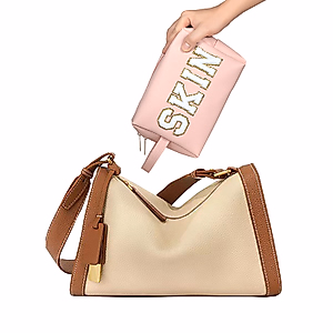 BYXEPA Makeup Bag Preppy Cosmetic Bag with Net Pocket SKIN Letter Patch Bags Waterproof Compliant Bag Case for Gift Daily Travel Use Accessories