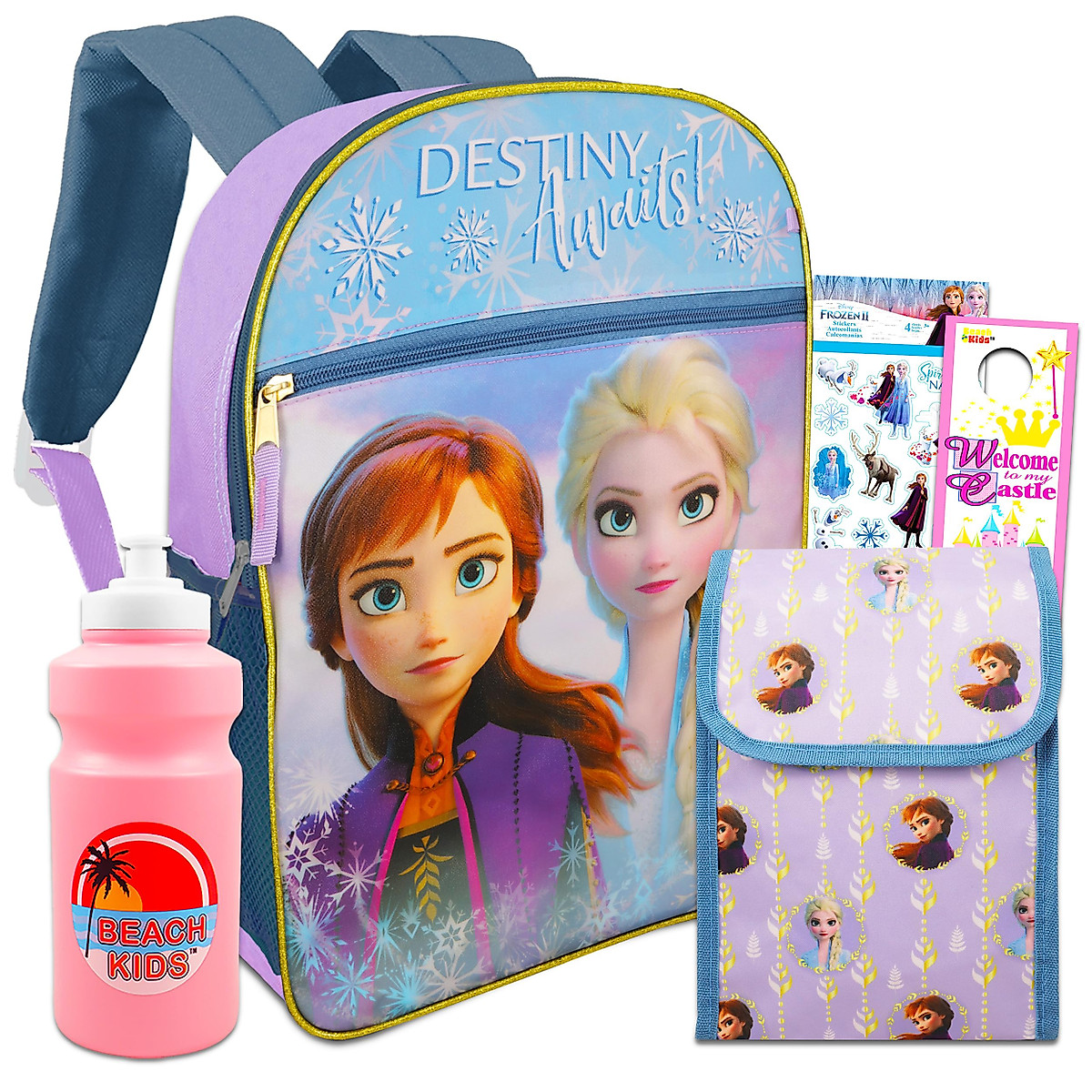 Disney Frozen 2 Backpack Set for Girls ~ 6 Pc Bundle With Deluxe 16" Frozen Backpack Lunch Bag, Water Bottle, Stickers and More (Frozen School Supplies)