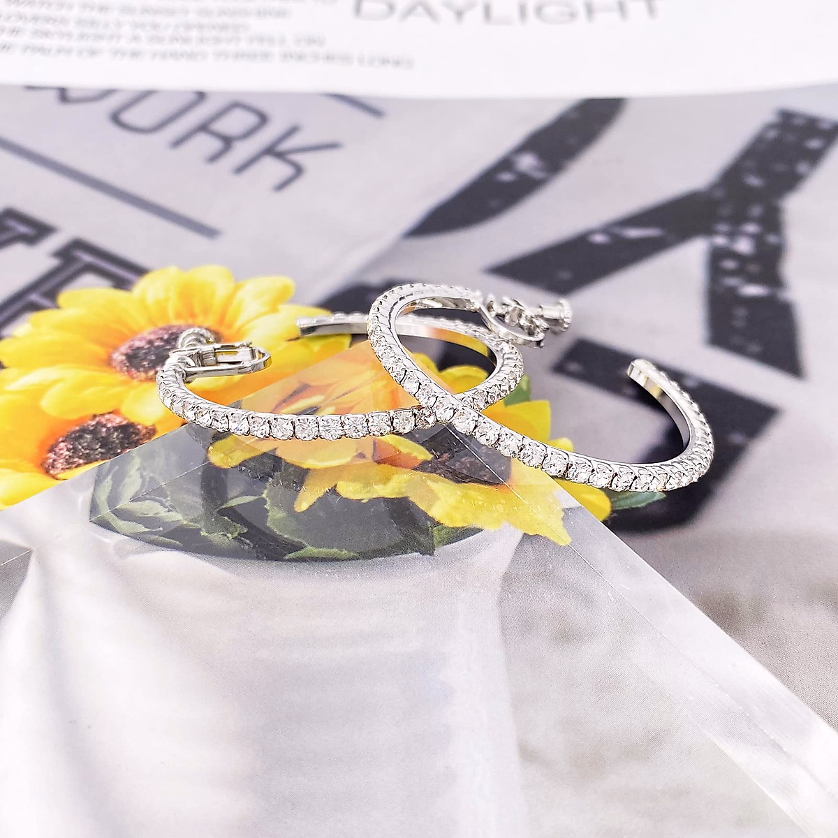 LAXPICOL Fashion Sparkly Austrian Circle Hoop Earrings Clip On Earrings For Women No Piercing Earrrings Silver Tone 1.6"*1.6"