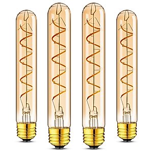 E26 Tubular LED Light Bulbs 40Watt,7.3inch T10 Tube Long Light Bulb Dimmable,4W Thin Vintage Edison LED Filament Decorative Antique Light Bulb,2700K Warm White Type T Bulb,400LM,110V,Amber(4-Pack)
