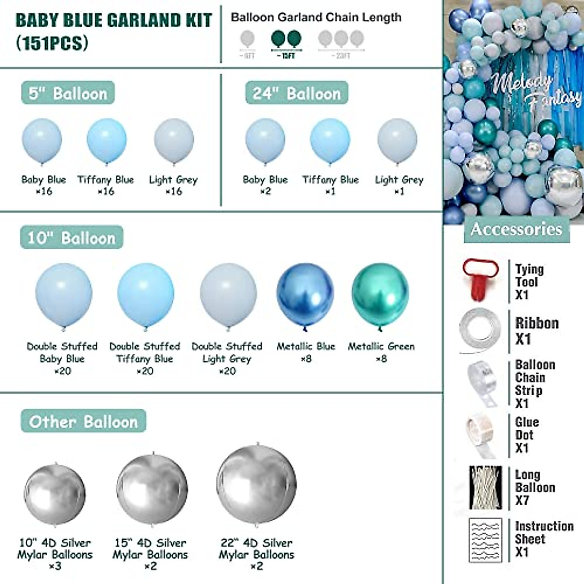 151pcs Blue Balloon Garland Kit with Silver Orbz Balloon Different Size Metallic Blue Light Gray Double Stuffed Balloon Arch for Boy Baby Shower Winter Wonderland Frozen Birthday Party Decorations
