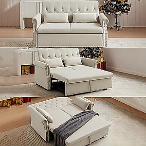 Meesifeel 55" Queen Sleeper Sofa, 3 in 1 Convertible Sofa Bed, Comfy Velvet Loveseat, Adjustable Backrest Futon Sofa Bed, Pull Out Couch, Lounge Sofa Chair Bed, Beige Sofas for Living Room Bedroom