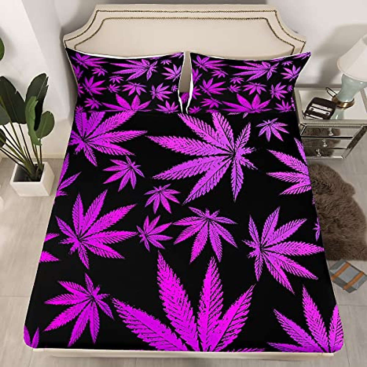 Marijuana Leaf Bed Sheets Weed Leaf Botanical Sheet Set for Kids Men Women Adults Cannabis Leaves Bed Set Luxury Puple Hemp Sheets Room Decor 4Pcs Full Size