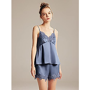 AW BRIDAL Womens Pjs Sets Silk Bride Bridesmaid Pajamas Lace Satin Short Pajama Set for Women Sexy Lingerie for Wedding Bridal Party, Dusty Blue XL