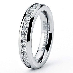 Metal Masters 3MM High Polish Princess Cut Ladies Eternity Titanium Ring Wedding Band with Cubic Zirconia CZ Size 5.5