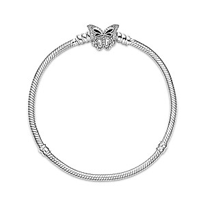 Pandora Moments Butterfly Clasp Snake Chain Bracelet - Compatible Moments Charms - Sterling Silver & Cubic Zirconia Charm Bracelet for Women - Gift for Her - 7.5"