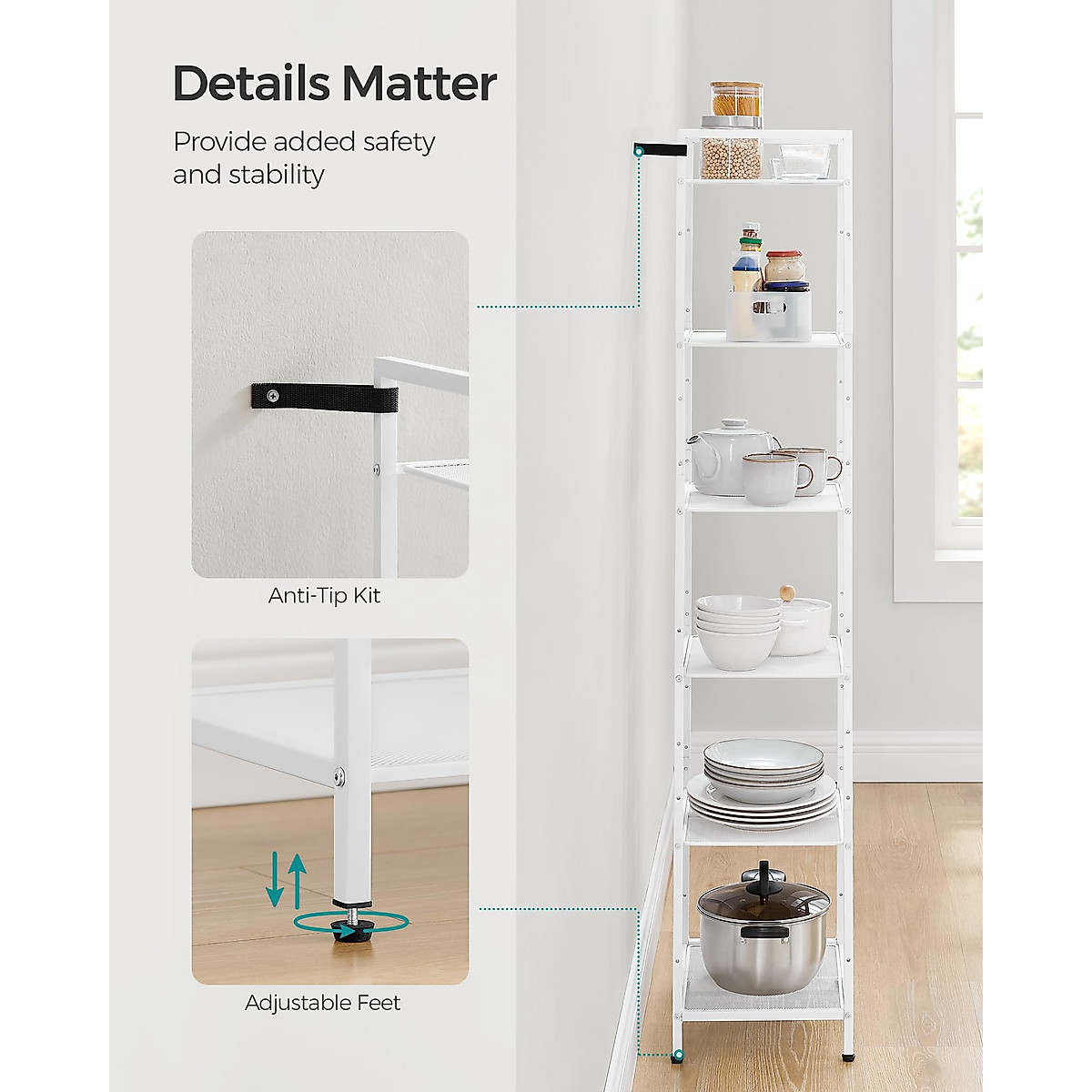 SONGMICS 6-Tier Storage Rack, Bathroom Shelf, Extendable Plant Stand with Adjustable Shelf, for Bathroom, Living Room, Balcony, Kitchen, Classic White UBSC036W01