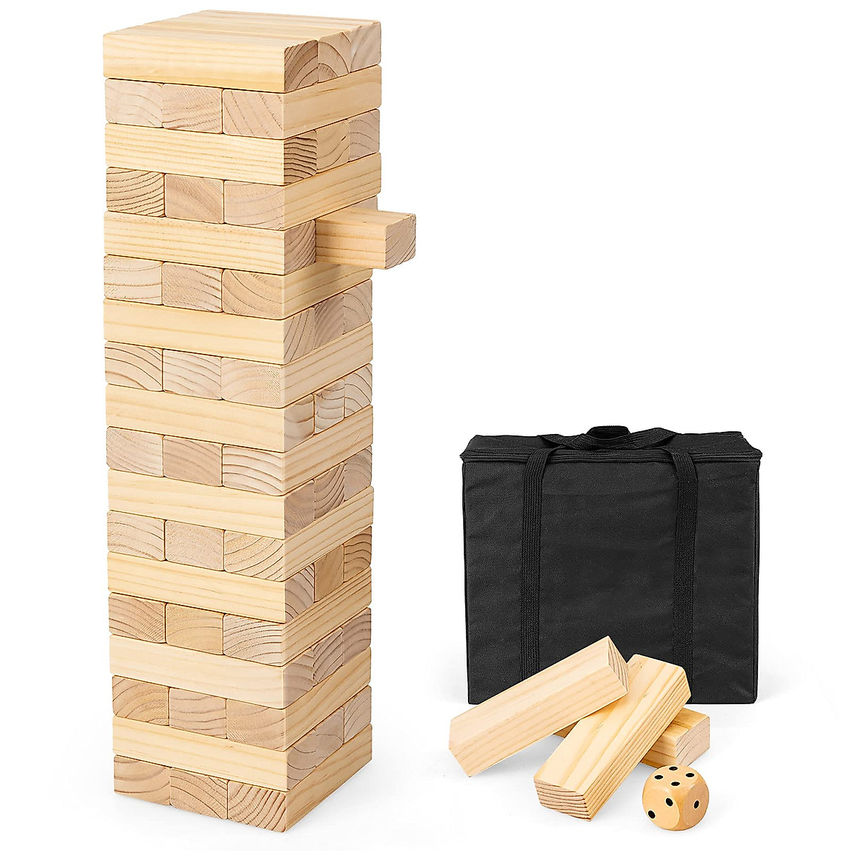 Costzon Giant Tumbling Timber Toy, 54PCS New Zealand Pine Wooden Block Stacking Game w/Carrying Bag, Attached Dice, Curved Edge, Yard Tower Game Fits Kid & Adult for Parties & Gathering Playing
