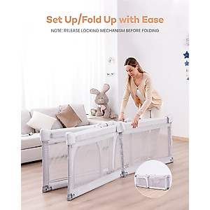 Baby Playpen Playard Foldable, Extra Large Playpen for Babies and Toddlers, Safe Sturdy Baby Fence Play Area with Gate, Removable Bottom, 79 x 59 x 27 Inches, Grey