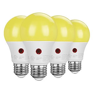 DEWENWILS 4 Pack Yellow Bug Light Bulbs for Outside, Dusk to Dawn A19 LED Light Bulbs, 2000K Amber Glow, 9W Equivalent 60W, E26 Base, LED Security Bulbs for Porch, Patio, Backyard, UL Listed