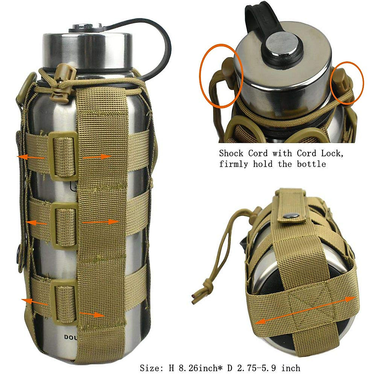 Minimalist Adjustable MOLLE Water Bottle Holder Kettle Pouch Belt Bottle Carrier for 17-42 Oz Water Bottle (Coyote Brown)