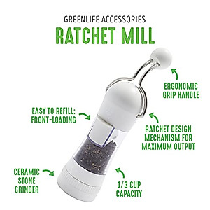 GreenLife Salt and Pepper Grinder, Mess-Free Ratchet Mill, Adjustable Coarseness and Easily Refillable, White 1/3 Cup Capacity