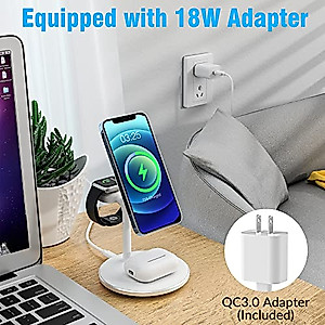 Upgraded 3 in 1 Magnetic Wireless Charging Station, 15W Fast Mag-Safe Charger Stand for iPhone 14/13/12 Series, Mag-Safe Charger for iWatch Ultra /8/7/SE/6/5/4/3/2 and Airpods (with QC3.0 Adapter)