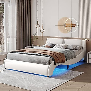Ochangqi Queen Bed Frame with LED Lights, Modern LED Low Profile Platform Bed Frame with Headboard, Queen Size Wave-Like Curve Faux Leather Upholstered Bed Frame,No Box Spring Needed (White, Queen)