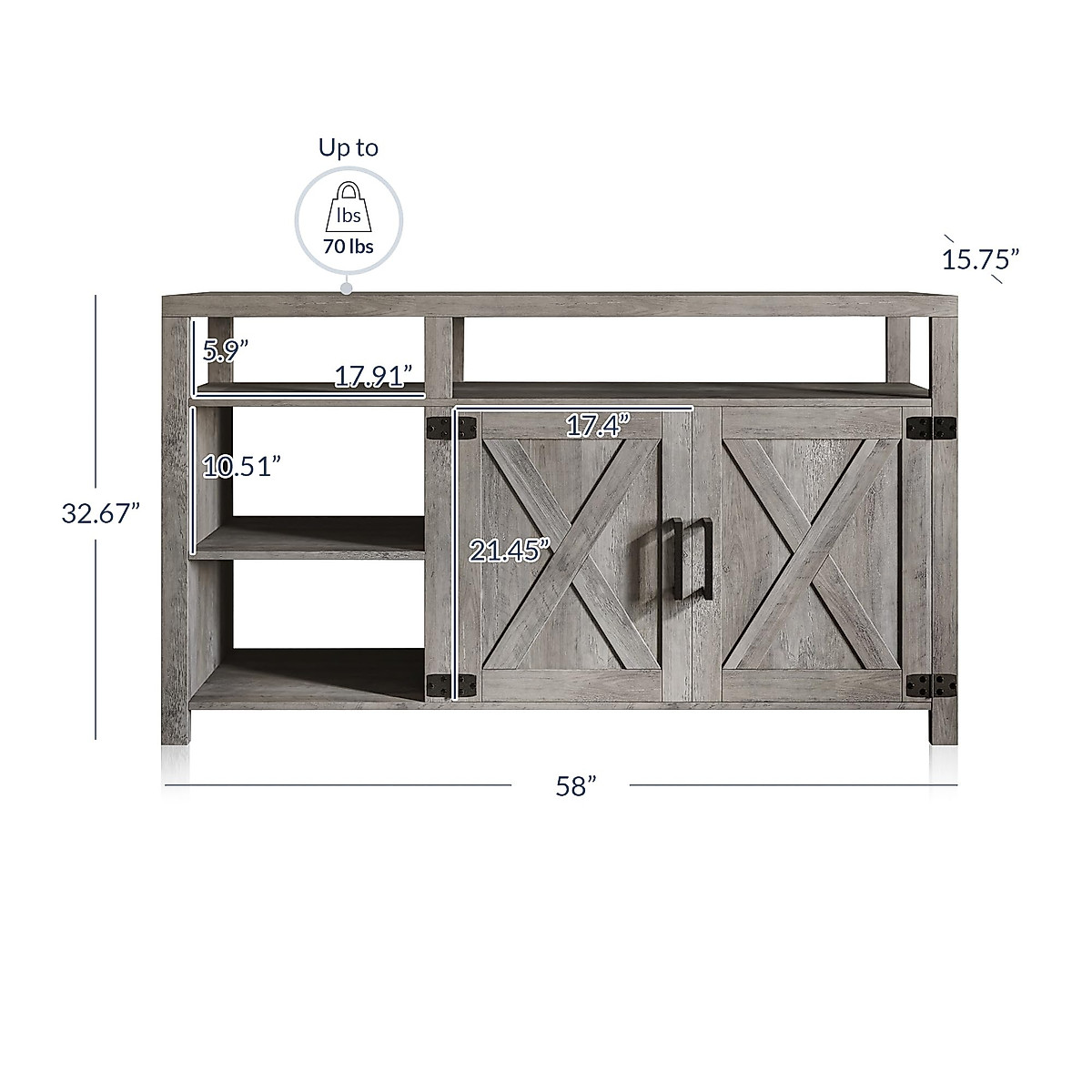 BELLEZE 58" TV Stand for TVs Up to 65", Modern Entertainment Center & TV Cabinet with Storage Shelves and Cabinet, Wood Storage Cabinet Media Console Table for Living Room Bedroom, Gray Wash