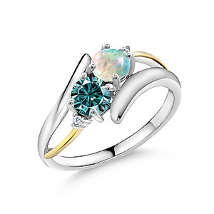 Gem Stone King 925 Sterling Silver and 10K Yellow Gold Round/Cabochon White Simulated Opal and Blue Moissanite Ring For Women (1.02 Cttw, Gemstone Birthstone, Available in size 5, 6, 7, 8, 9)