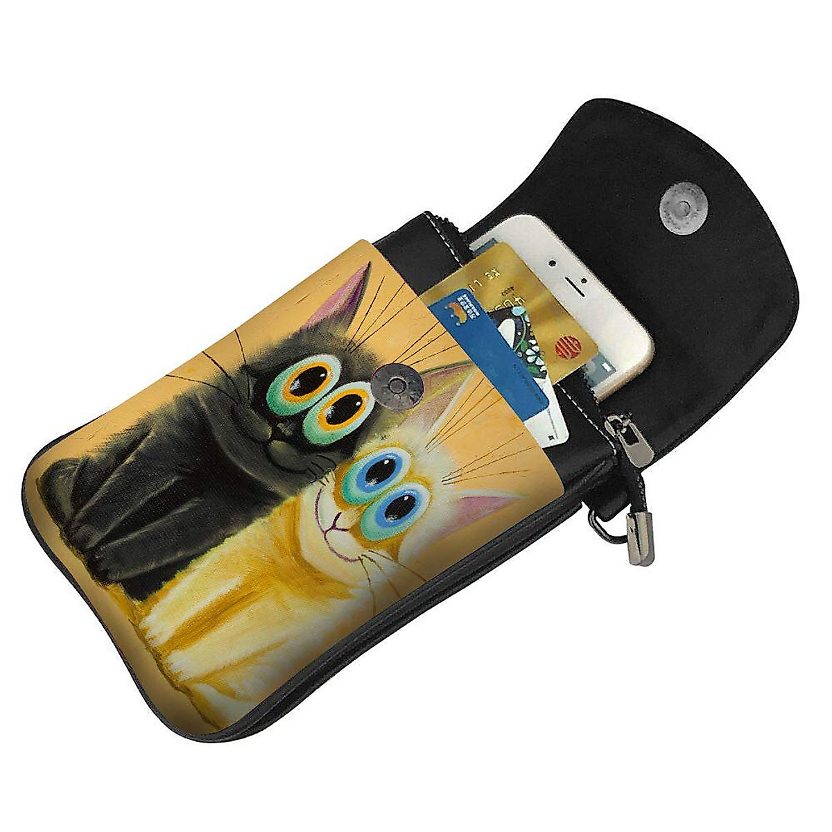 Beabes Cute Cat Crossbody Cell Phone Purse Funny Cartoon Big Eyes Animal Kitty Black YellowWallet Handbag