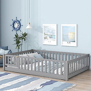 Tatub Full Size Floor Bed with Safety Guardrails and Door and Slats, Montessori Bed Frame for Kids, Wood Montessori Floor Bed for Girls and Boys, Full-Grey