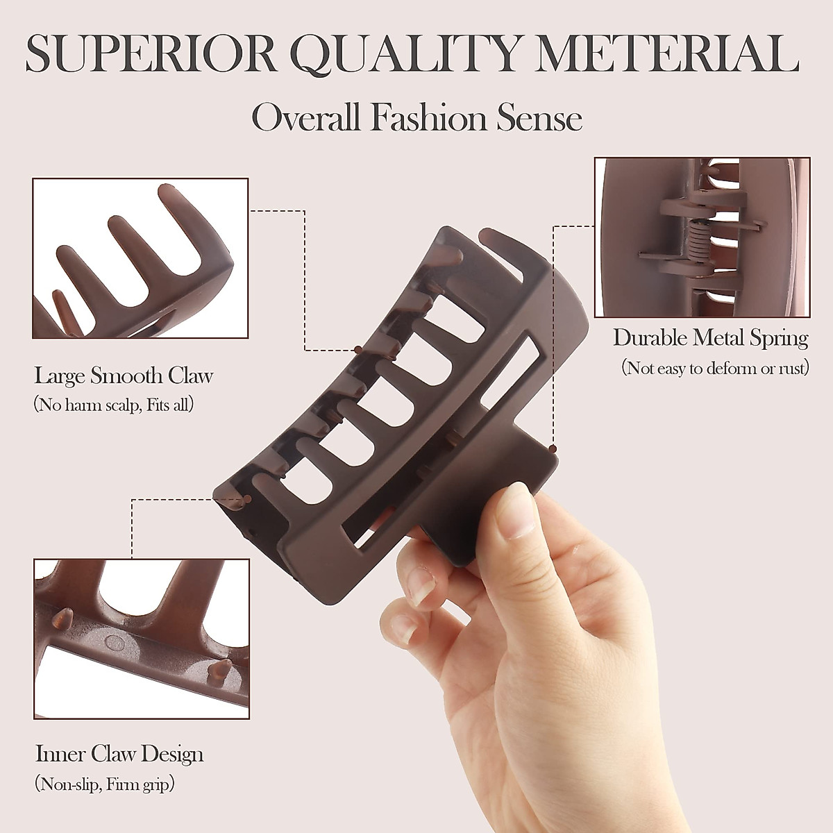 Beauty.H.C Large Nonslip Matte Neutral Claw Hair Clips for Thick, Thin or Curly Hair - 8 Strong Hold Jumbo 4.1 Inch Jaw Clips for Women and Girls