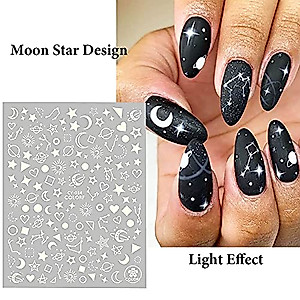 XJL 6 Sheets Luminous Flame Stars Moon Flowers Nail Art Stickers, 3D Self Adhesive Fire Constellation Star Butterfly Flower Heart Nail Design For Women Girls, Glow in Night, DIY Nail Decoration