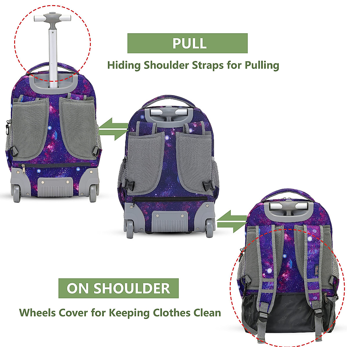 NEW TILAMI 18 Inch Rolling Backpack with Zipper Mesh Pouch Boys Girls Wheeled Laptop Backpack for School Travel Trip Backpack, Purple Galaxy