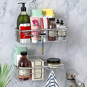 Apusu 2-Pack Shower Caddy Hanging Basket Shelf 2 Hooks,Premium Stainless Rustproof Shower Accessories, Sturdy Shower Racks In Small Shower, Sticky Shelves Wall Organizer- No Drilling, Tub Organizer