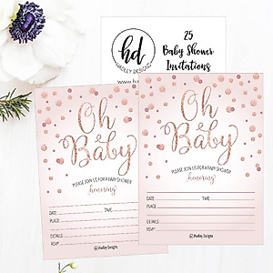 25 Blush Rose Gold Girl Oh Baby Shower Invitations, Cute Princess Printed Fill or Write In Blank Invite, Printable Shabby Chic Unique Custom Vintage Coed Twin Sprinkle Party Card Stock Paper Supplies