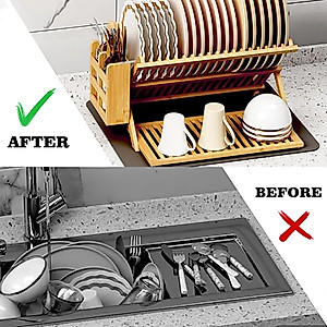 Olioeiao Bamboo Dish Drying Rack for Kitchen - Collapsible 3-Tier Wooden Folding Drainer with Utensil Holder and Dish Strainer Board for Countertop, Sink, and Racks Dryer (Natural)