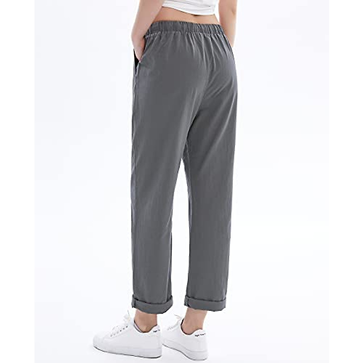 Women's Drawstring Linen Cropped Pants Women Summer Elastic Waist Soft Cotton Pant (Grey-901, XX-Large)