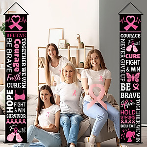 Pink Ribbon Party Decorations Breast Cancer Awareness Banner Porch Sign Hope Strength Courage Faith Black and Pink Door Banner Party Supplies for Pink Ribbon Breast Cancer Charity Theme Party Favors