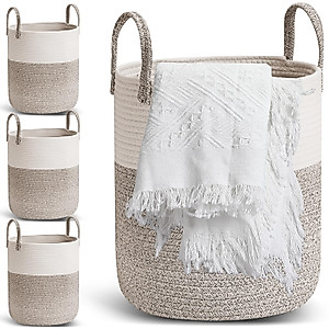 Tanlade 4 Pcs Blanket Basket Tall Woven Rope Laundry Basket 13.7 x 15.7 Inch Baby Nursery Laundry Hamper with Handle for Clothes Towels Toys Storage Hamper Basket for Bathroom Living Room (Brown)
