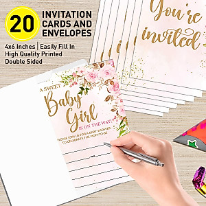 UDNADKEX Baby Shower Invitations for Girl Floral with Envelopes, Invites for Baby Showers Party Blush Pink Watercolor Flowers, Sweet Girl Baby Shower Invite Cards, 4"x6" Set of 20
